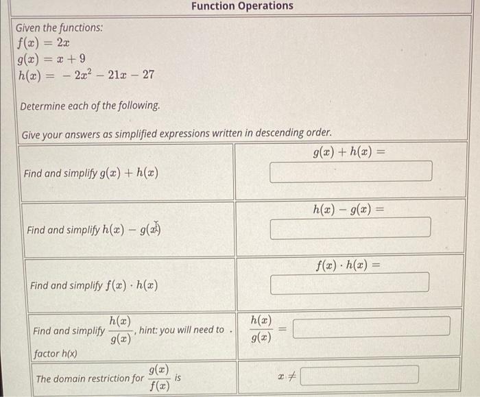Solved Function Operations Given the functions: f(x) = 2x | Chegg.com