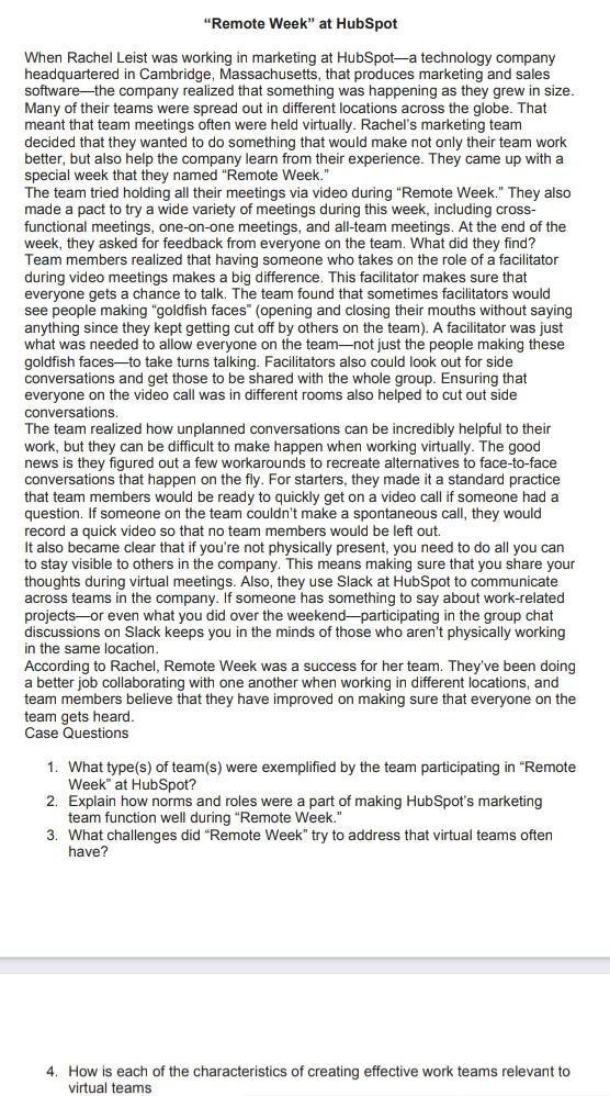 Solved "Remote Week" at HubSpot When Rachel Leist was | Chegg.com