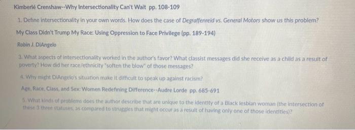 Solved Kimberlé Crenshaw-Why Intersectionality Can't Wait | Chegg.com
