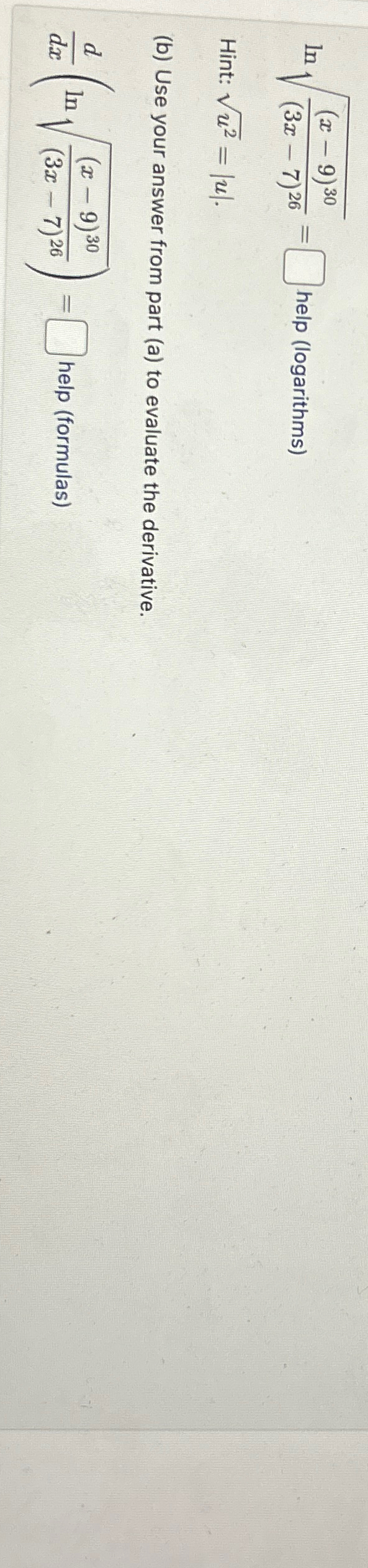Solved ln(x-9)30(3x-7)262=, ﻿help (logarithms)Hint: | Chegg.com