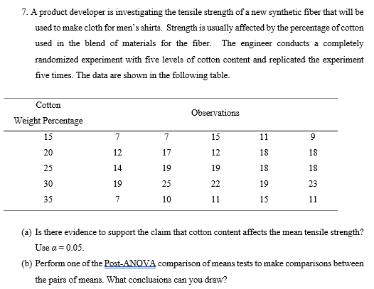 Solved 7. ﻿A product developer is investigating the tensile | Chegg.com