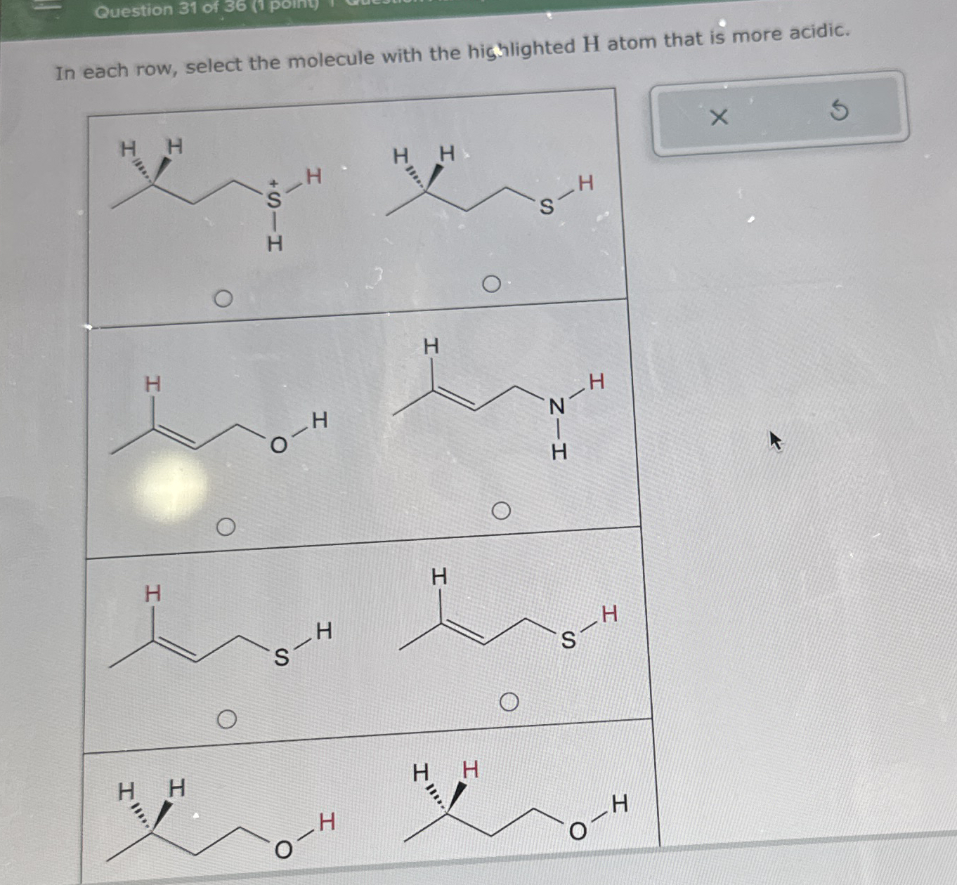 Solved In each row, select the molecule with the highlighted | Chegg.com