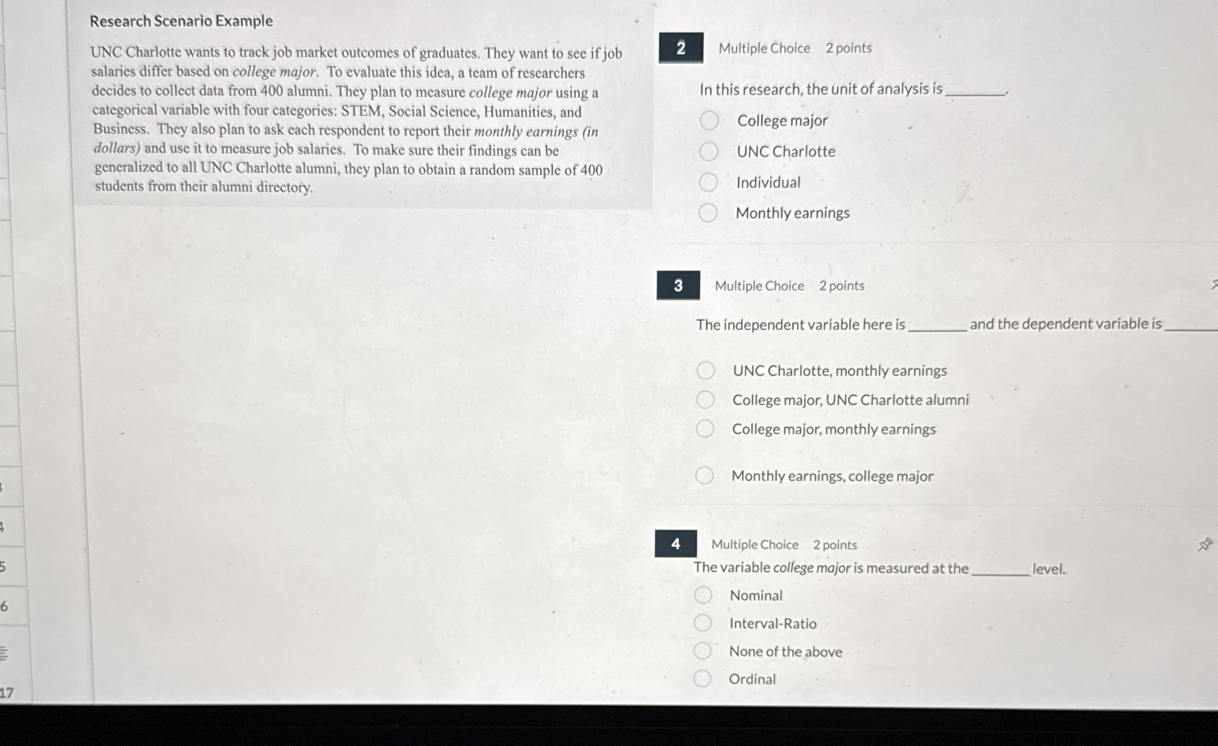 Solved Research Scenario ExampleUNC Charlotte wants to track | Chegg.com