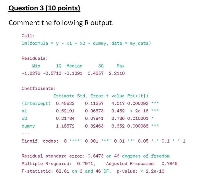 Solved Question 3 ( 10 ﻿points)Comment the following R | Chegg.com