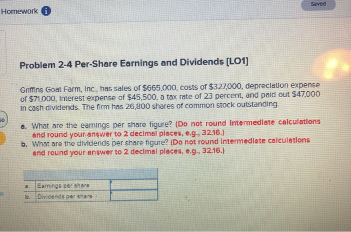 Solved Saved Homework i Problem 2-4 Per-Share Earnings and | Chegg.com