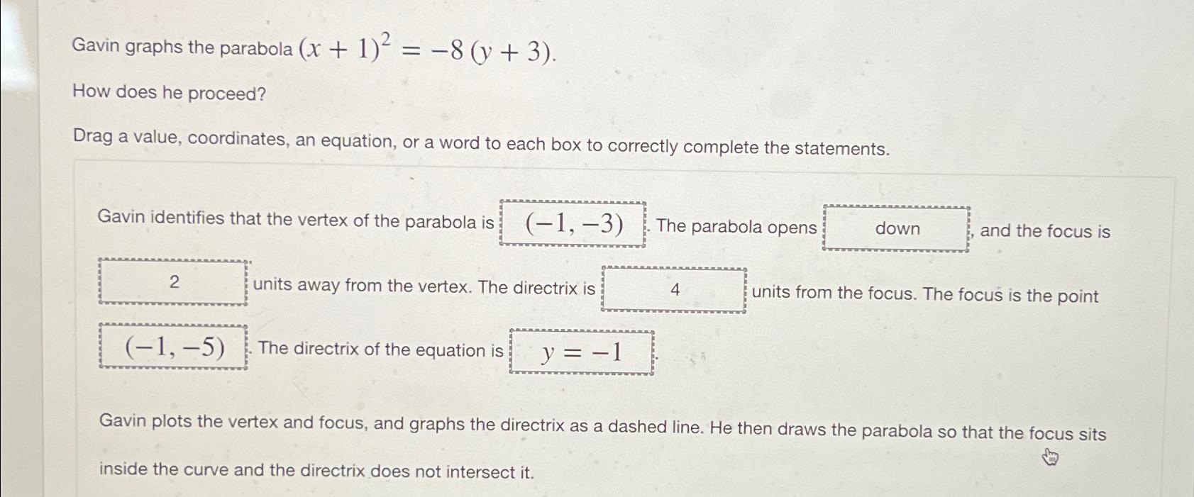 Solved Gavin graphs the parabola (x+1)2=-8(y+3).How does he | Chegg.com