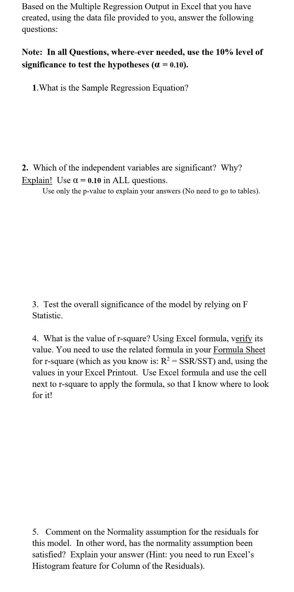 Solved Based On The Multiple Regression Output In Excel That 5816
