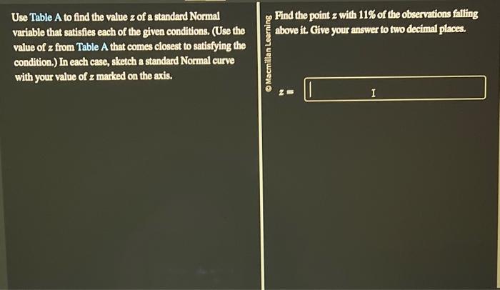 Solved Use Table A to find the value z of a standand Normal | Chegg.com