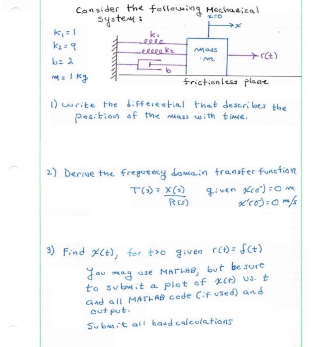 Solved Consider the following Mechanizal k k2 b: m 1) Write | Chegg.com