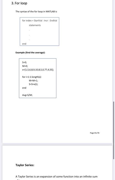 The syntax of the for loop in MATLAB is Example (find | Chegg.com