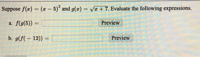 Solved Suppose f(x) = (x - 5)2 and g(2) = V1 + 7. Evaluate | Chegg.com