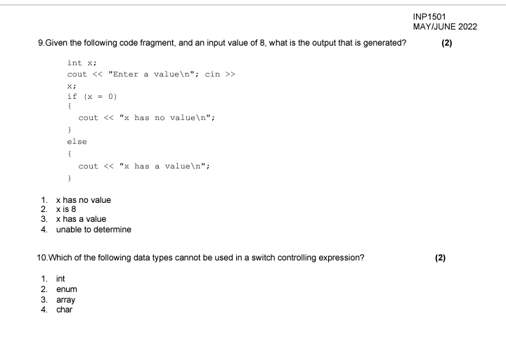 Solved INP1501MAYIJUNE 20229. ﻿Given the following code | Chegg.com