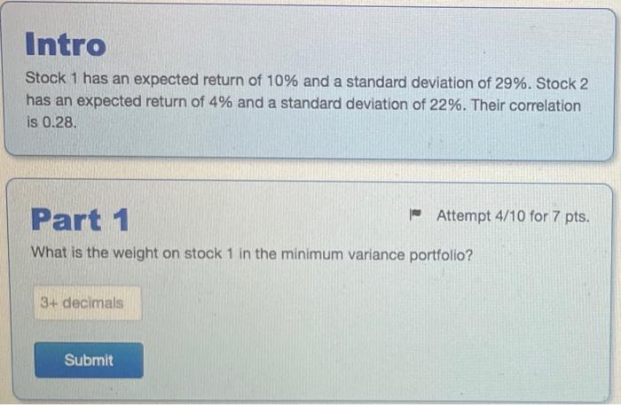 Solved Stock 1 has an expected return of 10% and a standard | Chegg.com