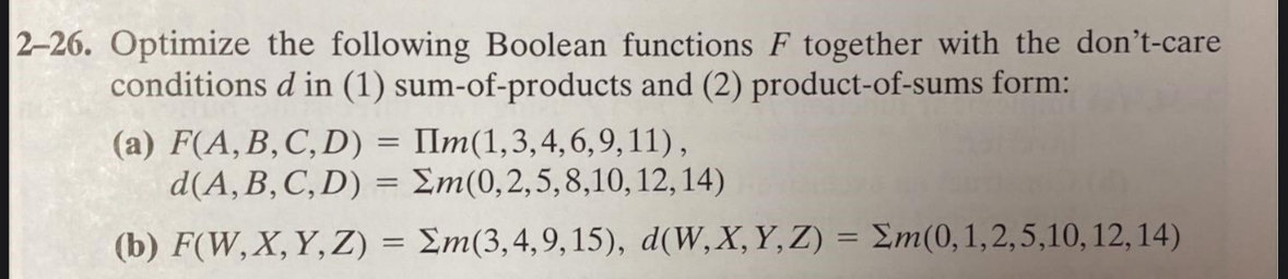 Solved 2-26. ﻿Optimize the following Boolean functions F | Chegg.com