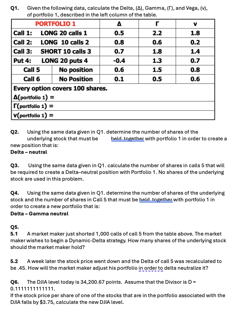 Solved Q1. ﻿Given the following data, calculate the Delta, | Chegg.com