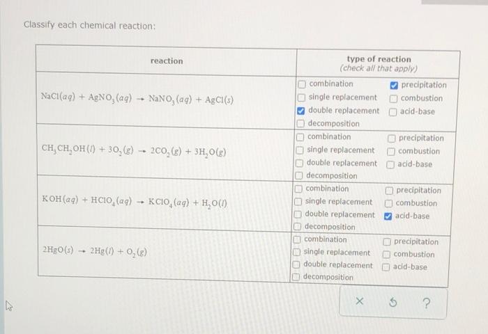 Solved Classify Each Chemical Reaction Reaction Nacl Aq