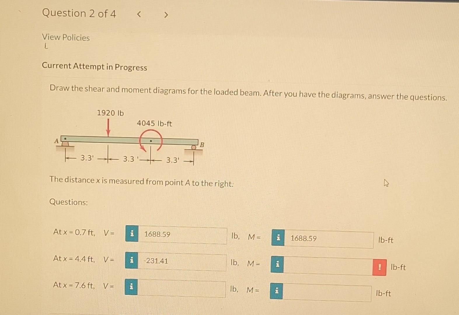 Solved Current Attempt in Progress Draw the shear and moment | Chegg.com