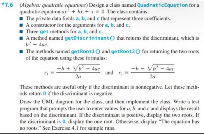 Solved (Algebra: quadratic equations) Design a class named | Chegg.com