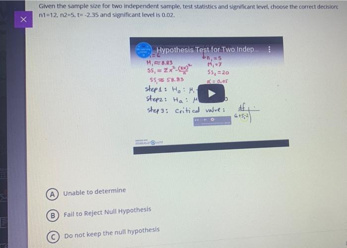 Solved Given the sample size for two independent sample, | Chegg.com