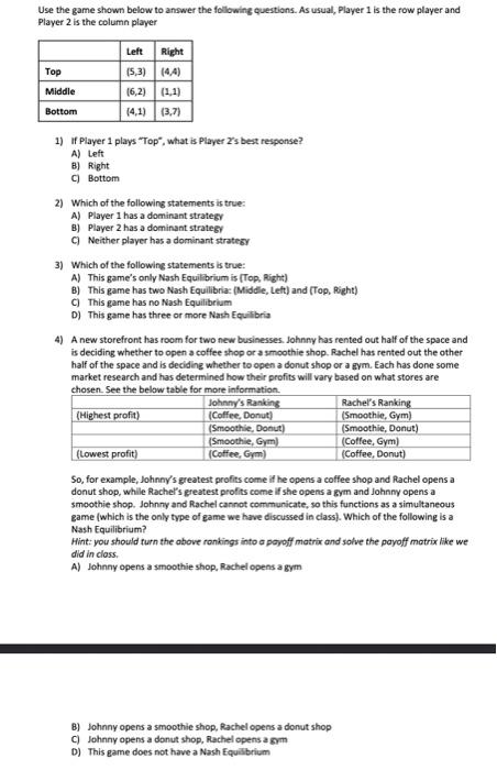 Solved Use the game shown below to answer the following | Chegg.com