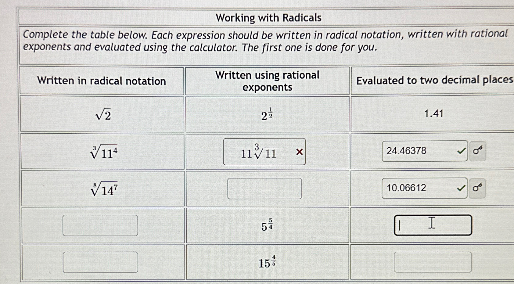 Solved Working with RadicalsComplete the table below. Each | Chegg.com