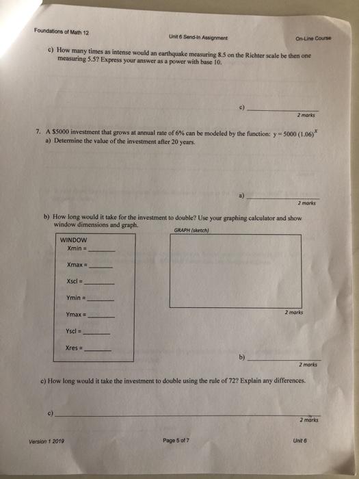 Solved Foundations of Math 12 Unit 6 Send In Assignment | Chegg.com