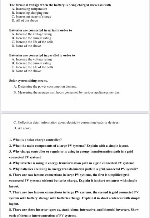 Solved Part 1: Multiple Choice Questions For grid-connected | Chegg.com