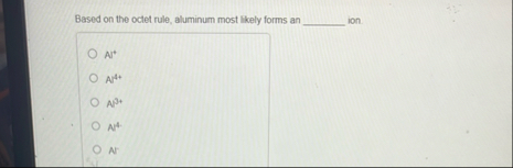 Solved Based on the octet rule, aluminum most likely forms | Chegg.com