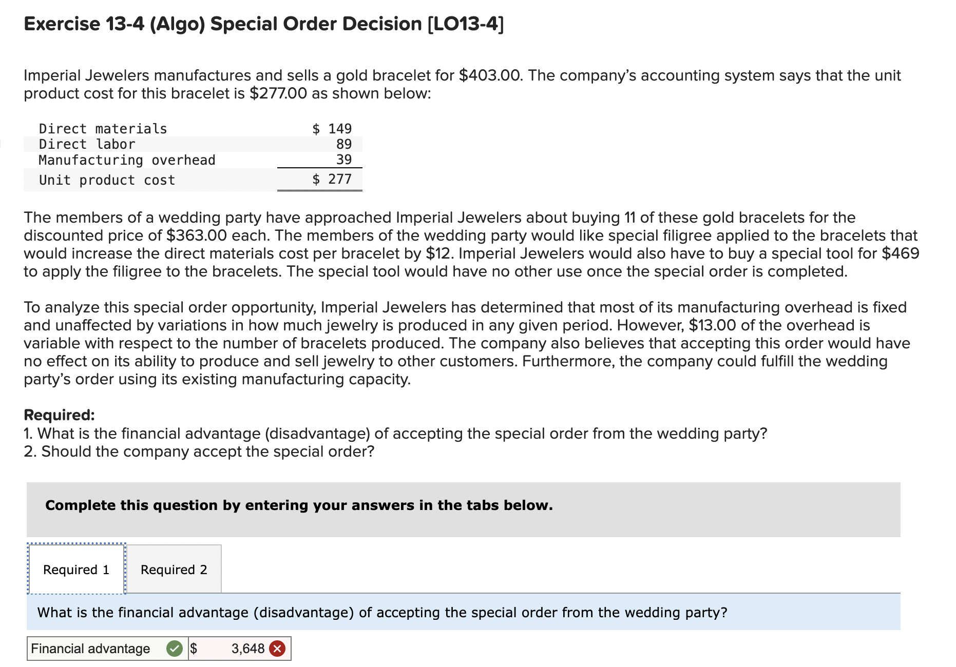 Solved Exercise 13-4 (Algo) ﻿Special Order Decision | Chegg.com