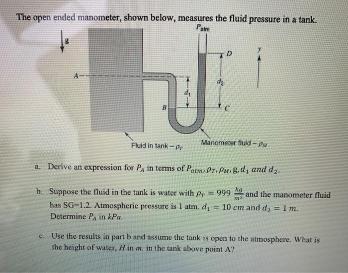 Solved The open ended manometer, shown below, measures the | Chegg.com