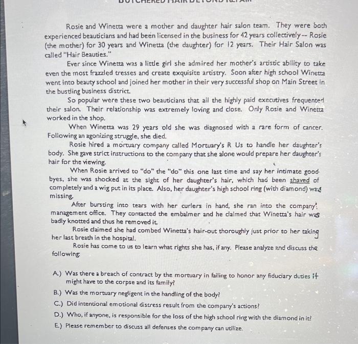 Rosie and Winetta were a mother and daughter hair | Chegg.com