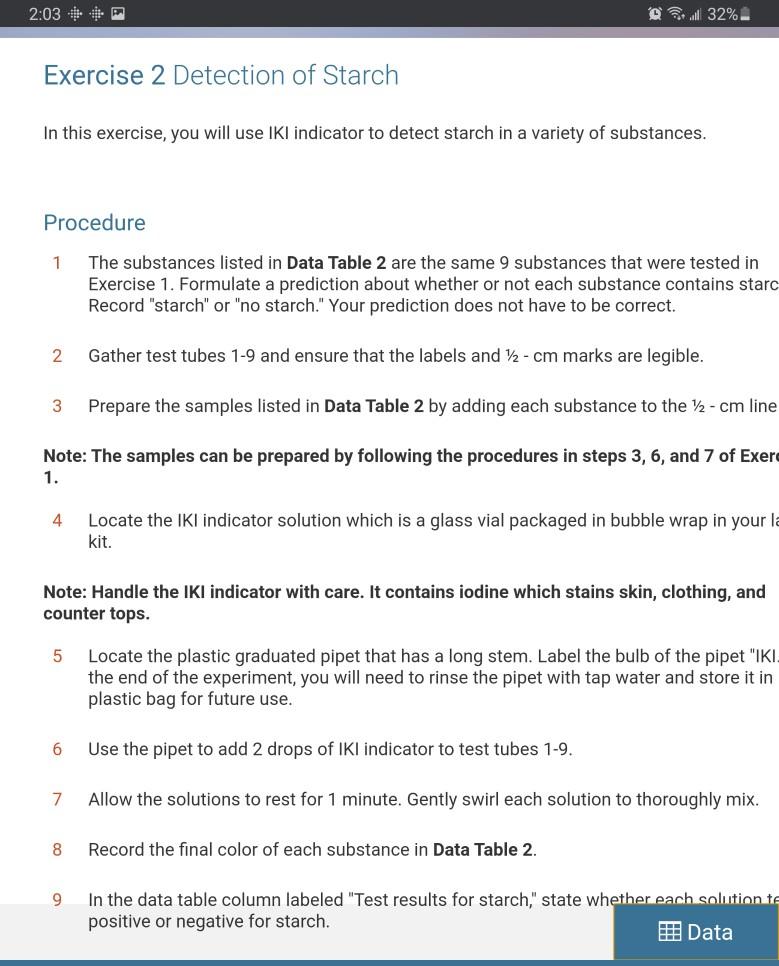 2:03 32%. Exercise 2 Detection of Starch In this | Chegg.com