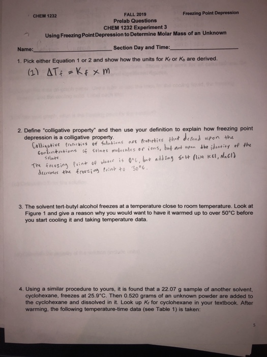 Solved CHEM 1232 FALL 2019 Freezing Point Depression Prelab | Chegg.com