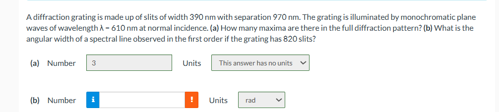 Solved A diffraction grating is made up of slits of width | Chegg.com
