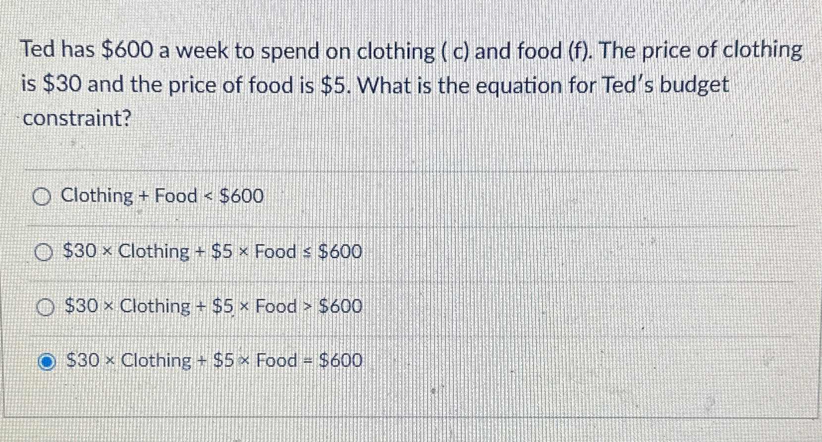 Solved Ted has $600 ﻿a week to spend on clothing (c) ﻿and | Chegg.com