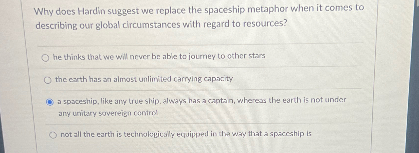 Solved Why does Hardin suggest we replace the spaceship | Chegg.com