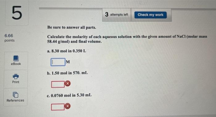 Solved Be sure to answer all parts. Calculate the molarity | Chegg.com