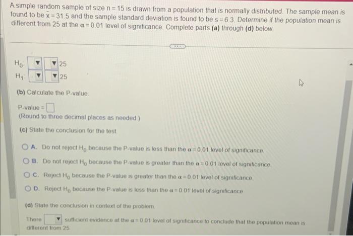 Solved A simple random sample of size n=15 is drawn from a | Chegg.com