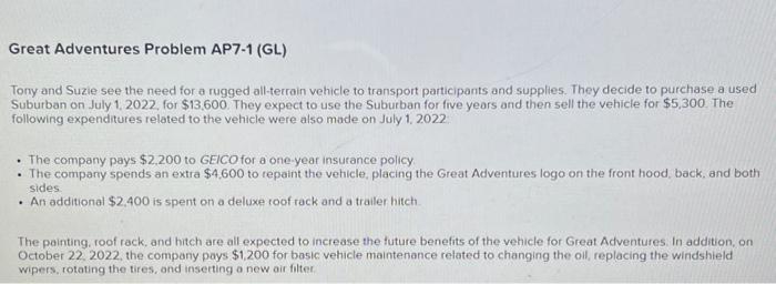 Solved Great Adventures Problem AP7-1 (GL) Tony and Suzie | Chegg.com