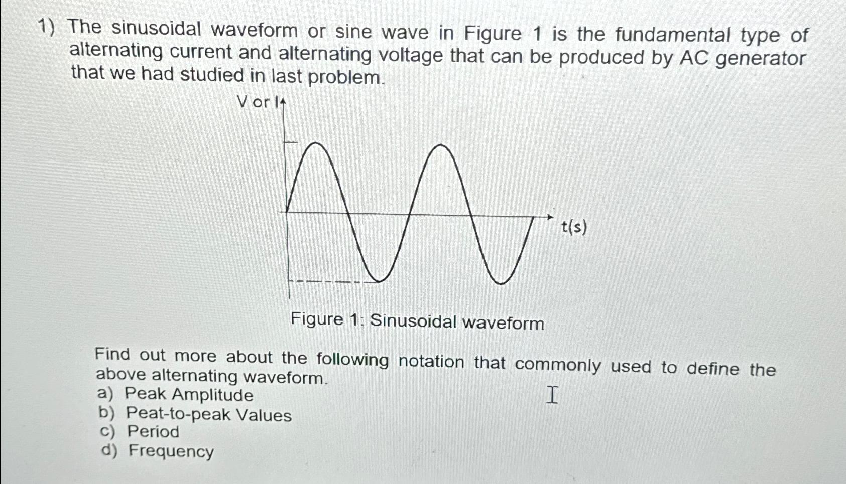 Solved The sinusoidal waveform or sine wave in Figure 1 ﻿is | Chegg.com