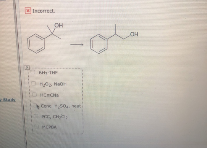 Solved X Incorrect OH OH BH3-THF H202, NaOH HC CNa yStudy | Chegg.com