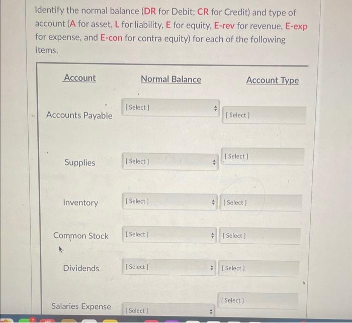 Solved Identify the normal balance (DR for Debit; CR for | Chegg.com