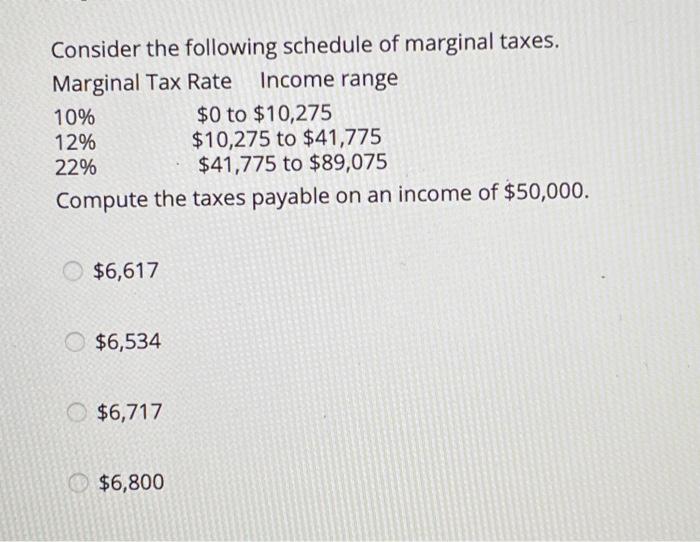 Solved Consider the following schedule of marginal taxes. | Chegg.com