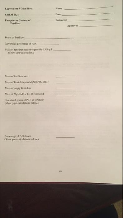 Solved Experiment Data Sheet Nam CHEM 1131 Date Destructor | Chegg.com