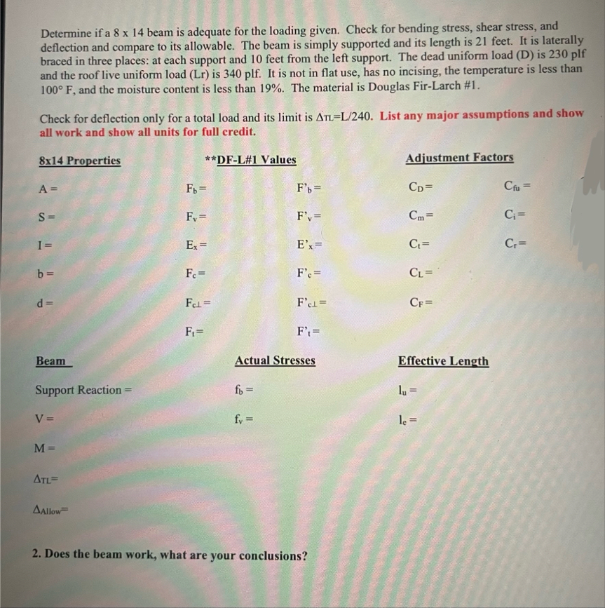 Determine if a 8×14 ﻿beam is adequate for the loading | Chegg.com