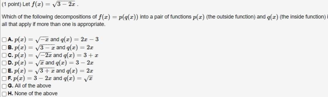 Solved (1 point) Let f(x)=3−2x. Which of the following | Chegg.com