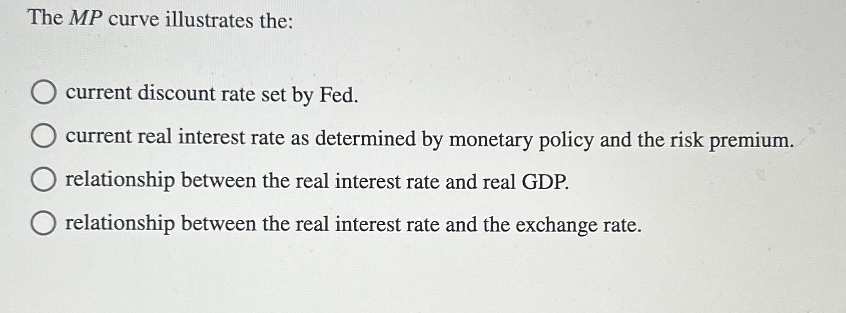 Solved The MP ﻿curve illustrates the:current discount rate | Chegg.com
