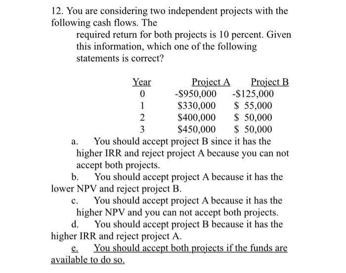 Solved 12. You are considering two independent projects with | Chegg.com
