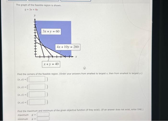 Solved The graph of the feasible region is shown. g=3x+8y | Chegg.com