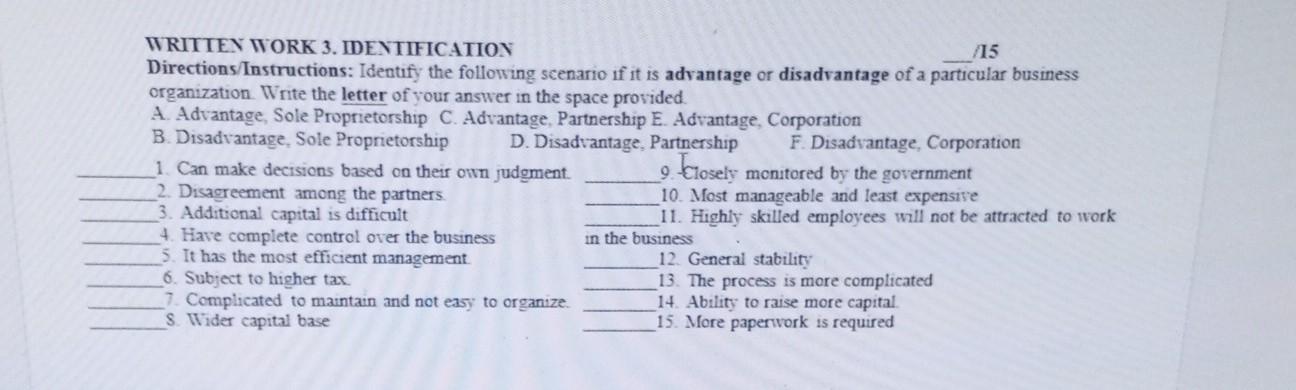 Solved WRITIEY WORK 3. IDENTIFICATION /15 | Chegg.com